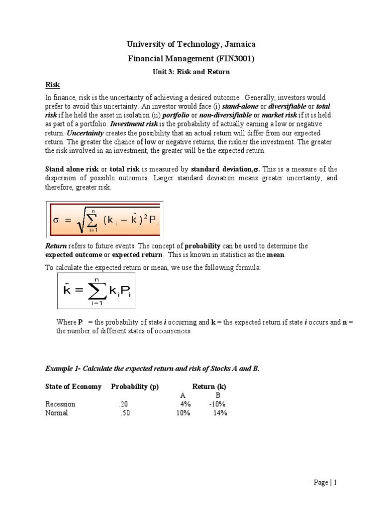 FM Unit 3 Lecture Notes - Risk and Return | PDF | Capital Asset Pricing ...