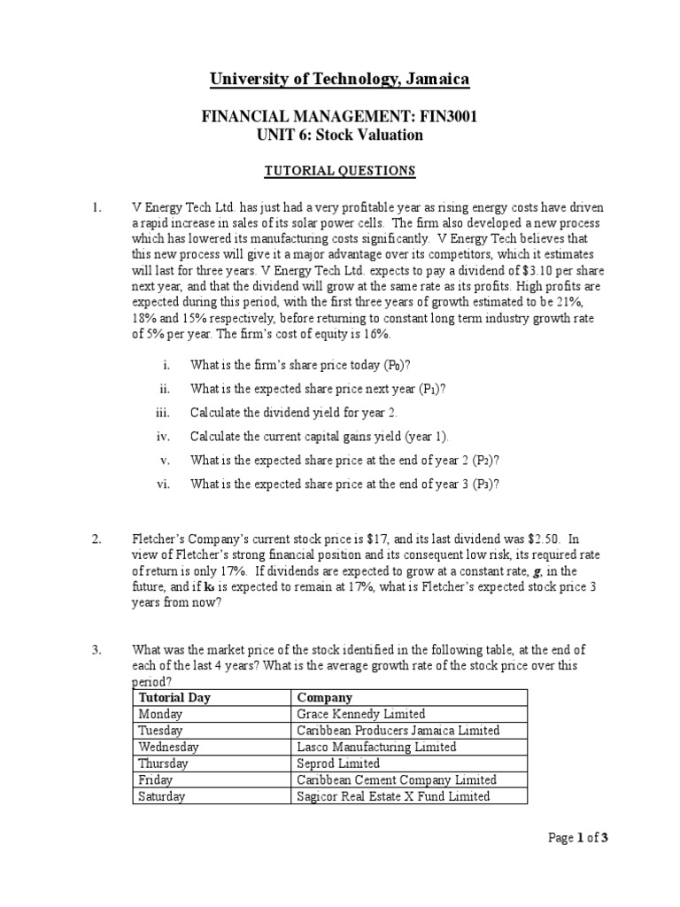 FinMan Unit 6 Tutorial Stock Valuation Revised Sep2021 | PDF | Stocks | Dividend
