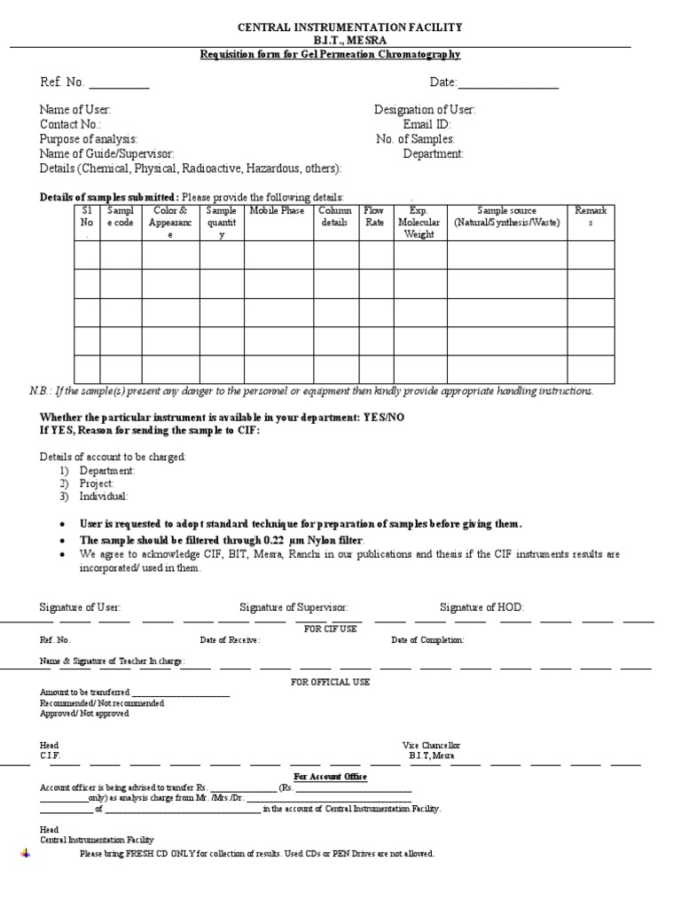 GPC Requisition Form | PDF | Chromatography | Physical Sciences