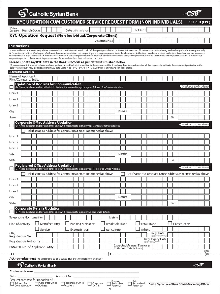 Kyc Updation Cum Customer Service Request Form (Non Individuals) | PDF ...