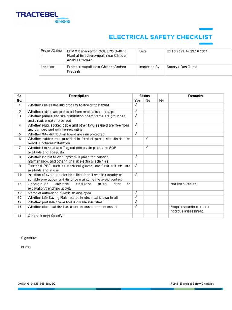 Electrical Safety Checklist: Sr. No. Description Status Remarks | PDF ...