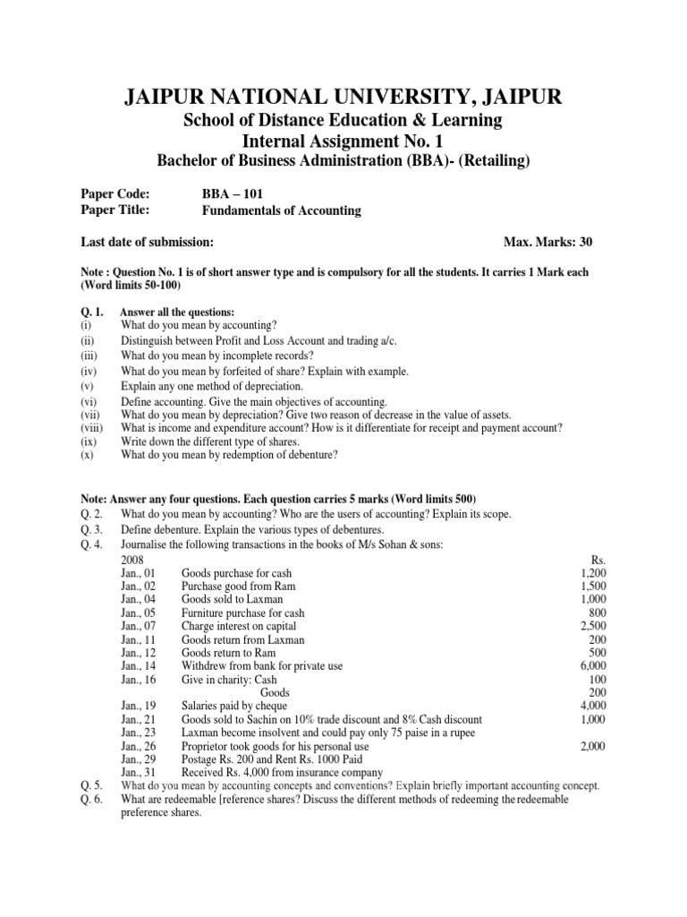 BBA - 101 Fundamentals of Accounting - 1st Year Assignment Question ...