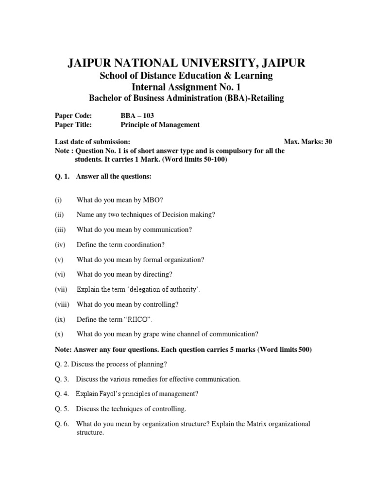 BBA - 103 - Principle of Management - 1st Year Assignment Question ...