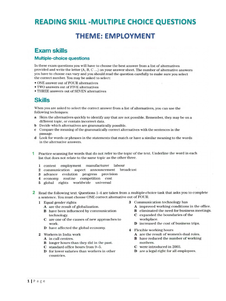 Reading Skill - Multiple Choice Questions: Theme: Employment | PDF