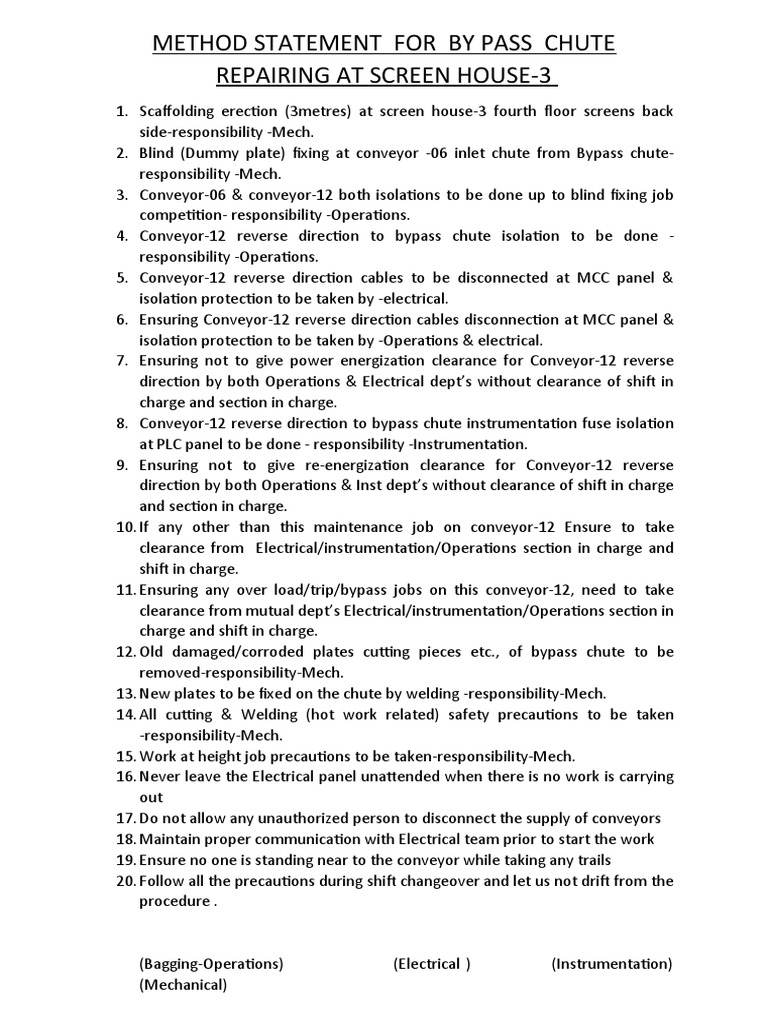 By-Pass Chute Repair Method Statement | PDF | Manufactured Goods ...