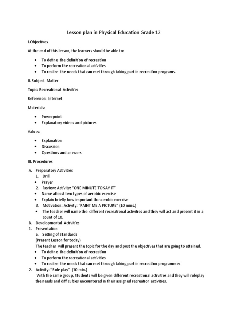 Lesson Plan in Physical Education Grade 12 | PDF | Recreation | Teachers