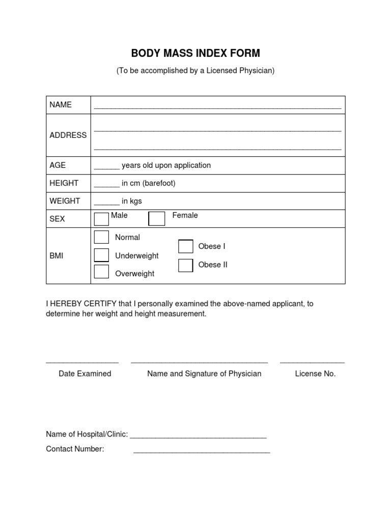 Body Mass Index Form Medical Exam Coqc | PDF | Body Mass Index ...