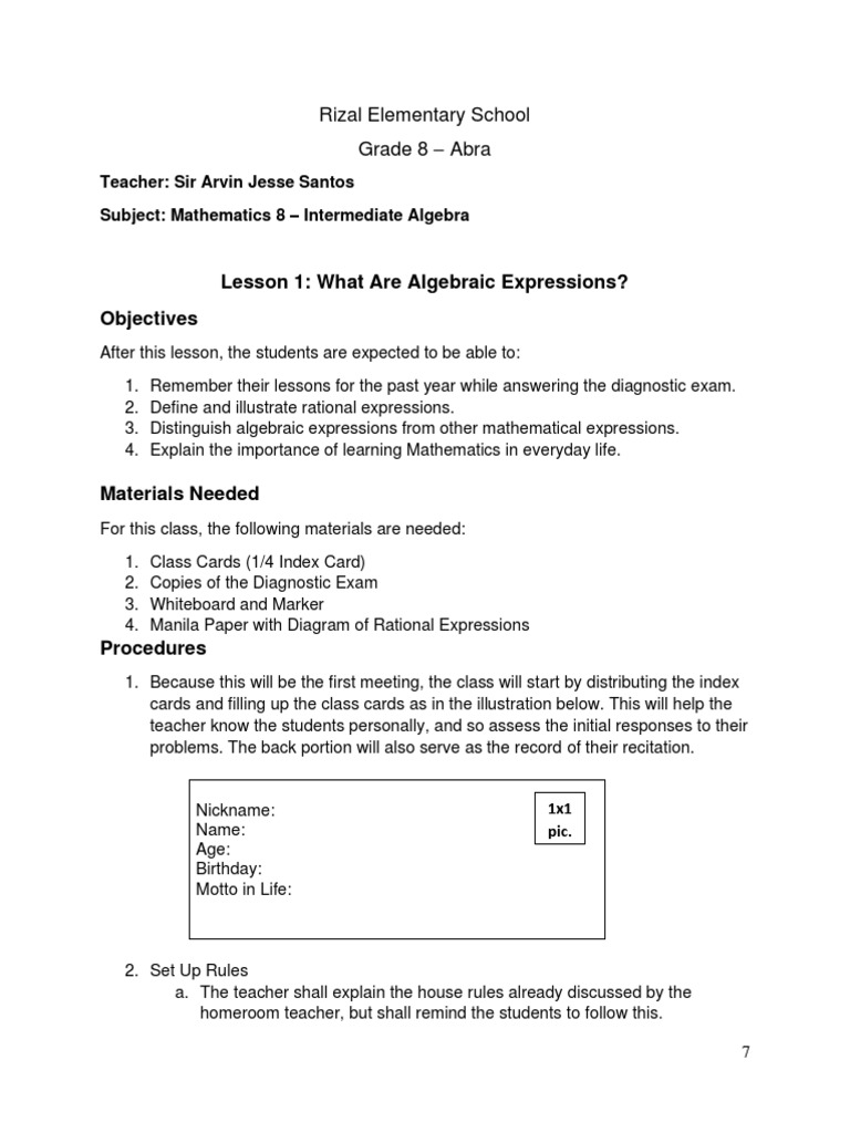 Lesson 1: What Are Algebraic Expressions? Objectives: Rizal Elementary ...