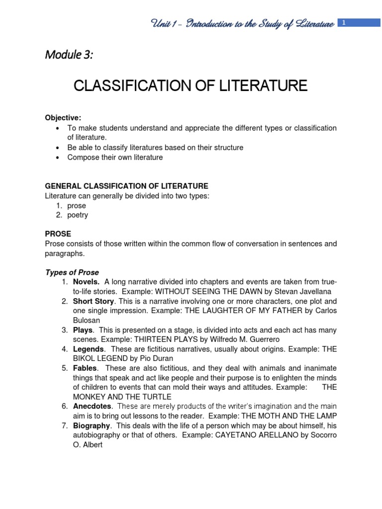 Unit 1 Module 4 Classification of Literature | PDF | Poetry | Narrative
