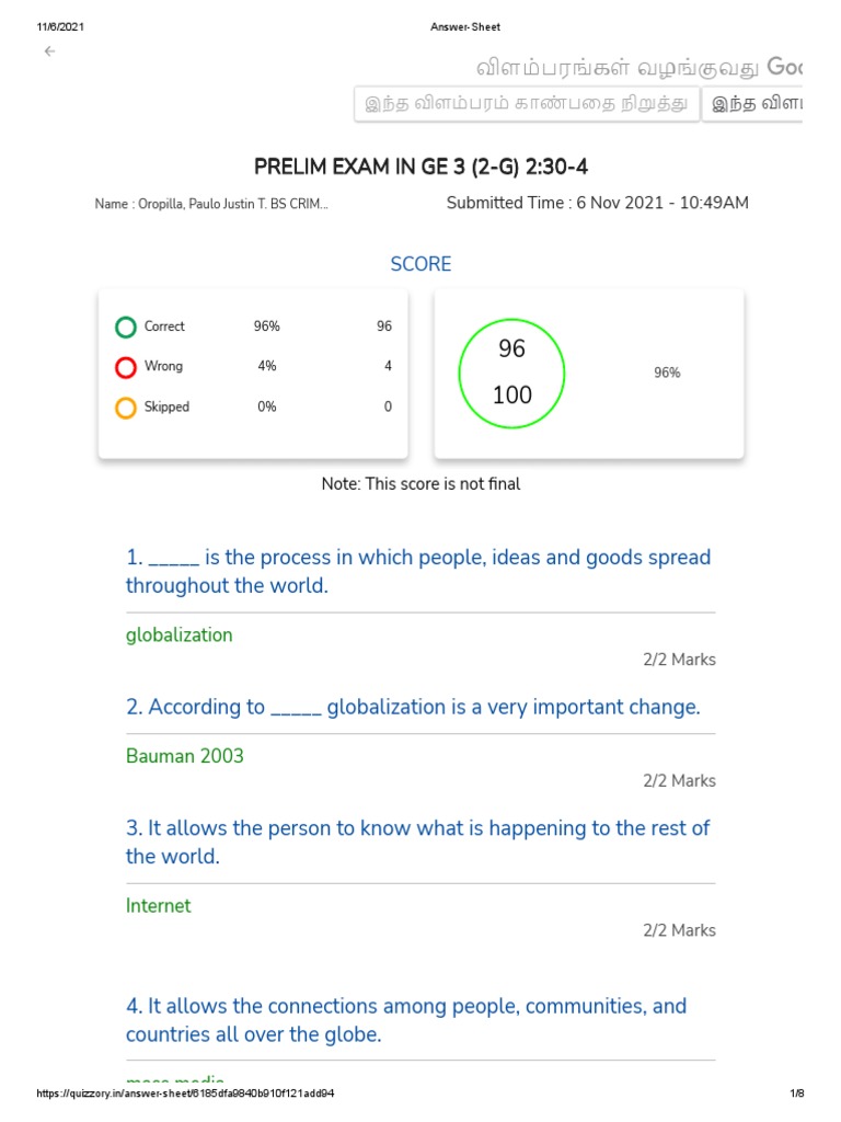Prelim Exam in Ge 3 (2-G) 2:30-4 | PDF | Globalization | Human Migration