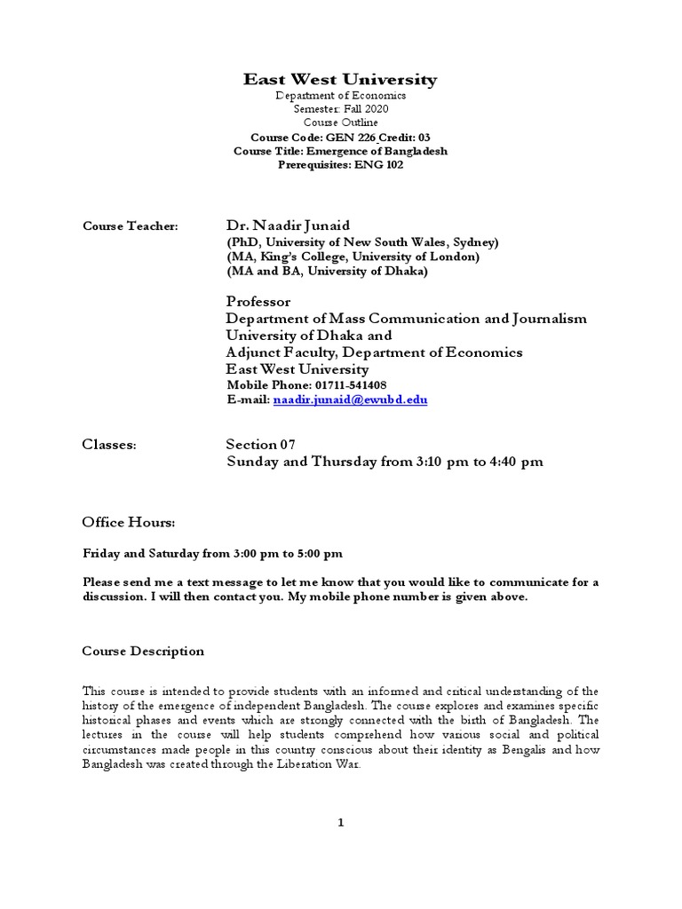 Gen 226 Course Outline For Section 7 Fall 2020 | PDF | Bangladesh | South Asia
