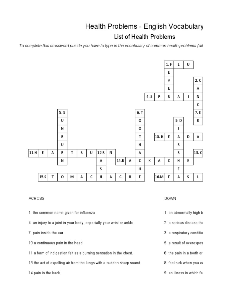 Health Problems Crossword Answers | PDF | Influenza | Health Sciences