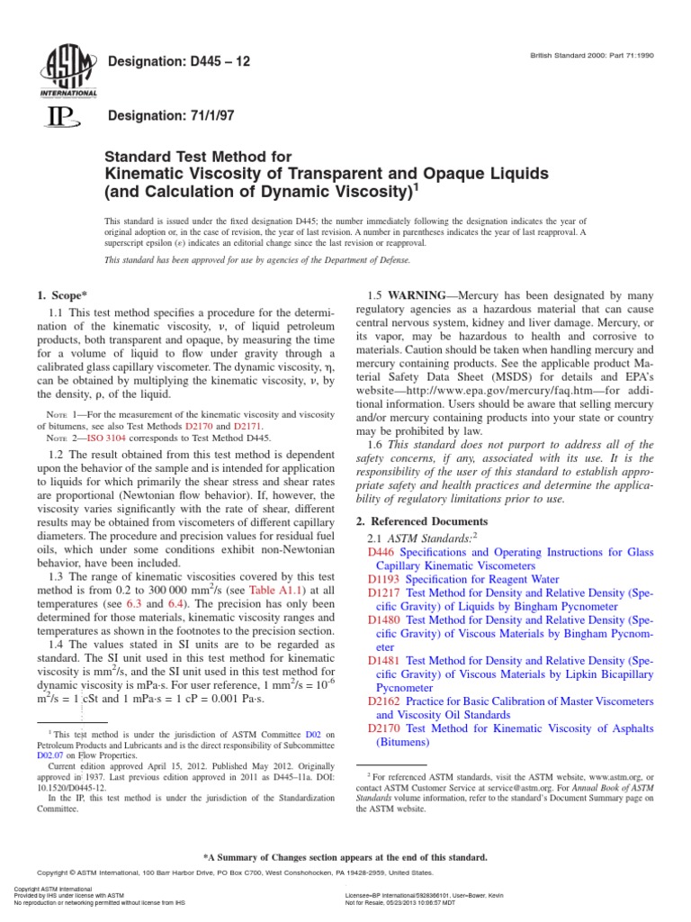 ASTM D445-12 Viscosity | PDF | Viscosity | Calibration