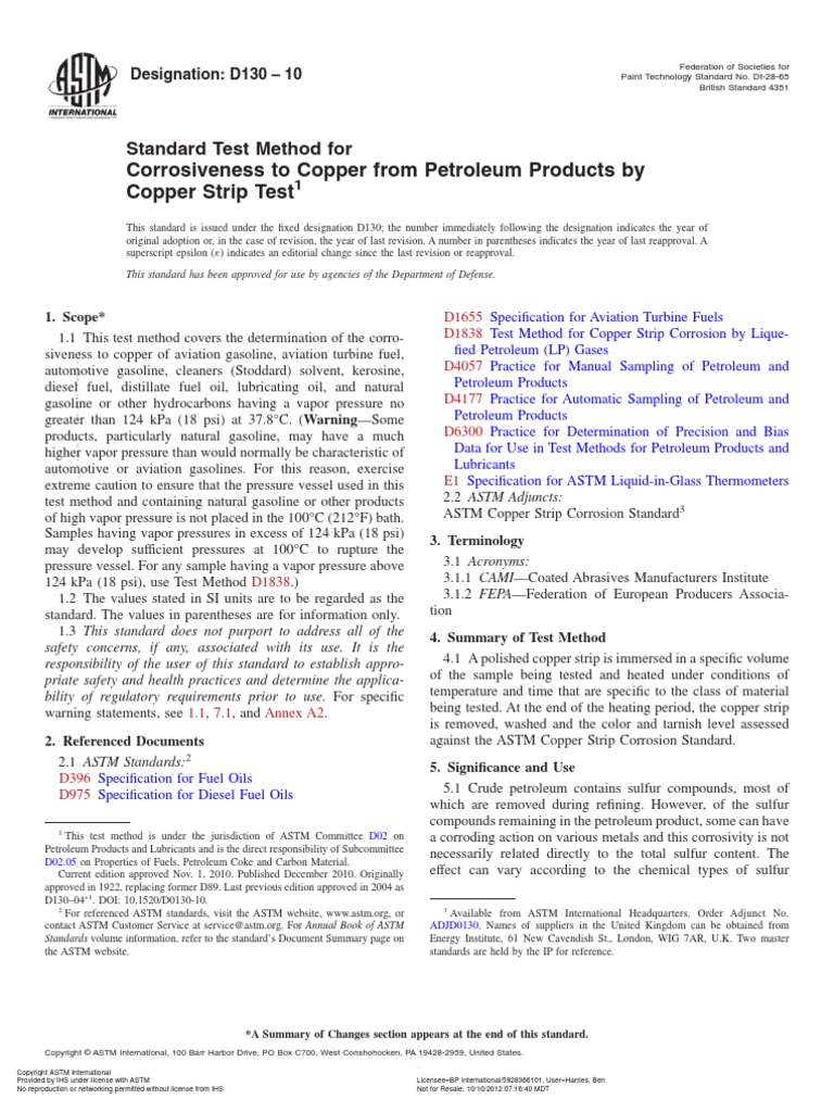 Corrosiveness To Copper From Petroleum Products by Copper Strip Test ...