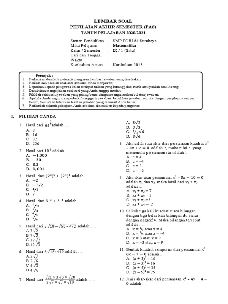 Soal Pas MTK KLS 9 Pgri 64 | PDF