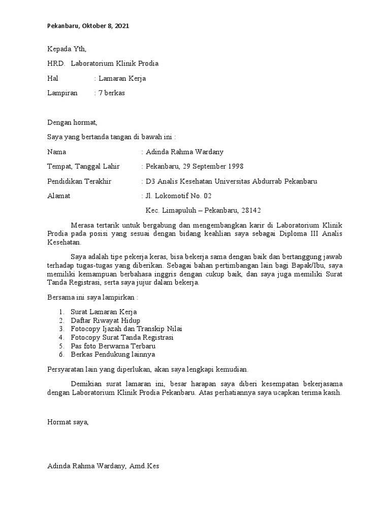 Surat Lamaran Kerja Adinda 3 | PDF