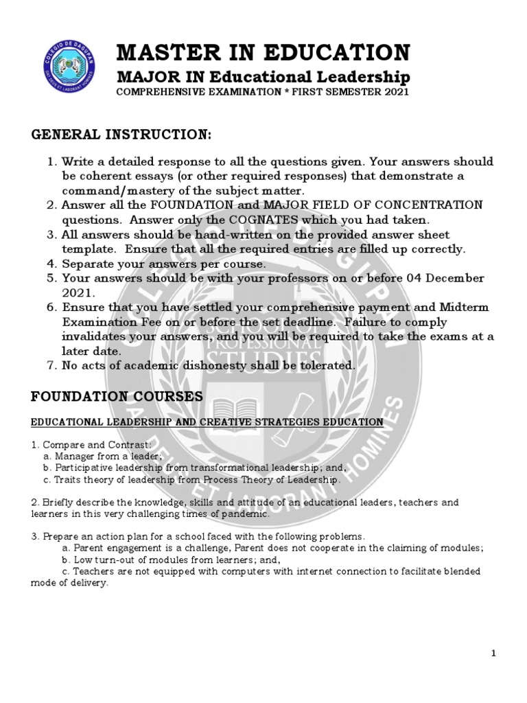 COMPRE EXAM 2021 EducationalLeadership 1stsem2021 2022 | PDF ...