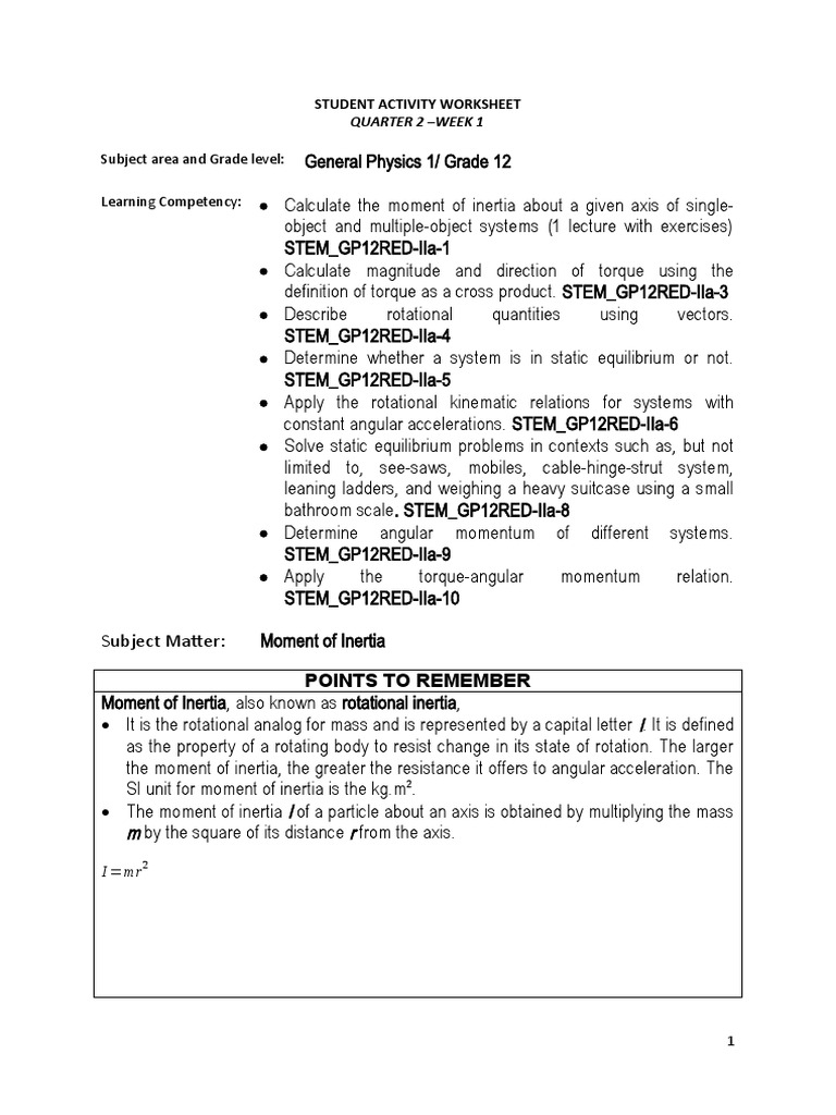 GENERAL PHYSICS 1 Quarter 2 Activity Sheet | PDF | Torque | Waves