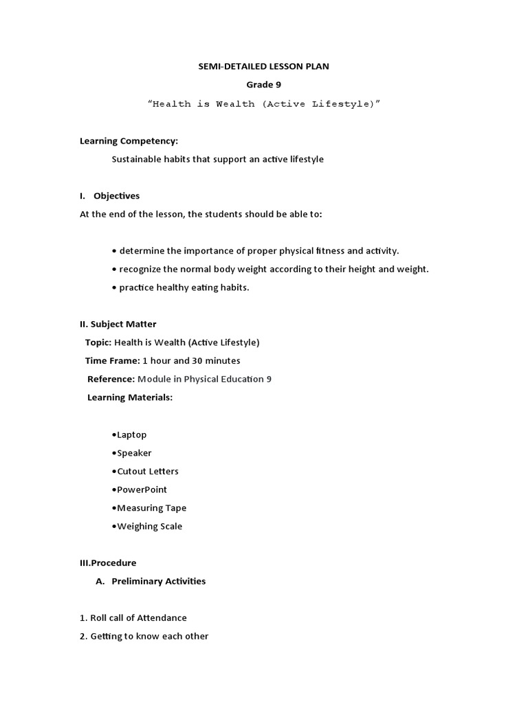 Semi-Detailed Lesson Plan Grade 9: Module in Physical Education 9 | PDF ...