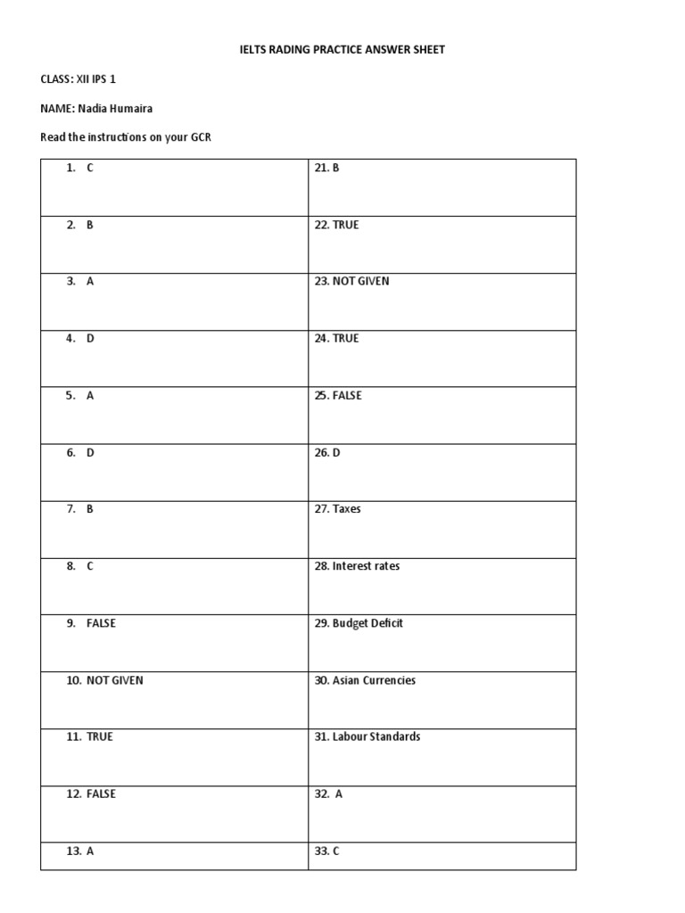 Nadia Humaira - Ielts Rading Practice Answer Sheet | PDF