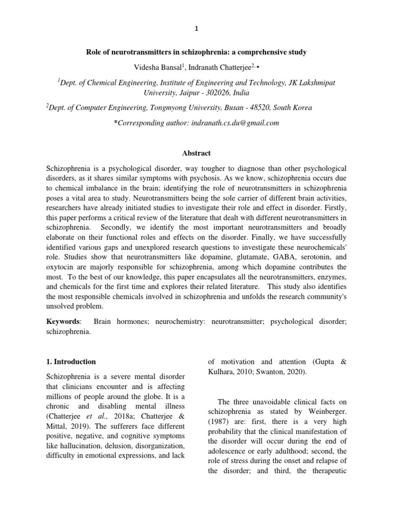 Role of Neurotransmitters in Schizophrenia A Comprehensive Study | PDF ...