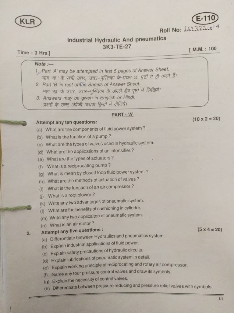 Hydraulic and Pneumatic Questions Paper | PDF | Valve | Hydraulic ...