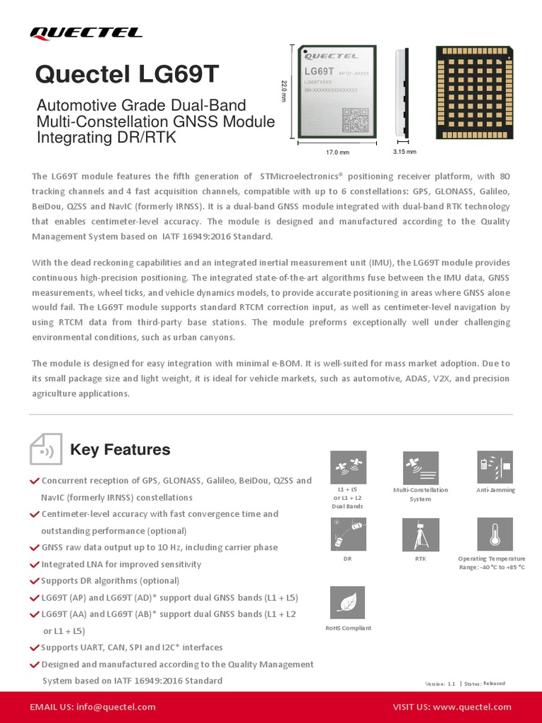 Quectel LG69T: Automotive Grade Dual-Band Multi-Constellation GNSS ...