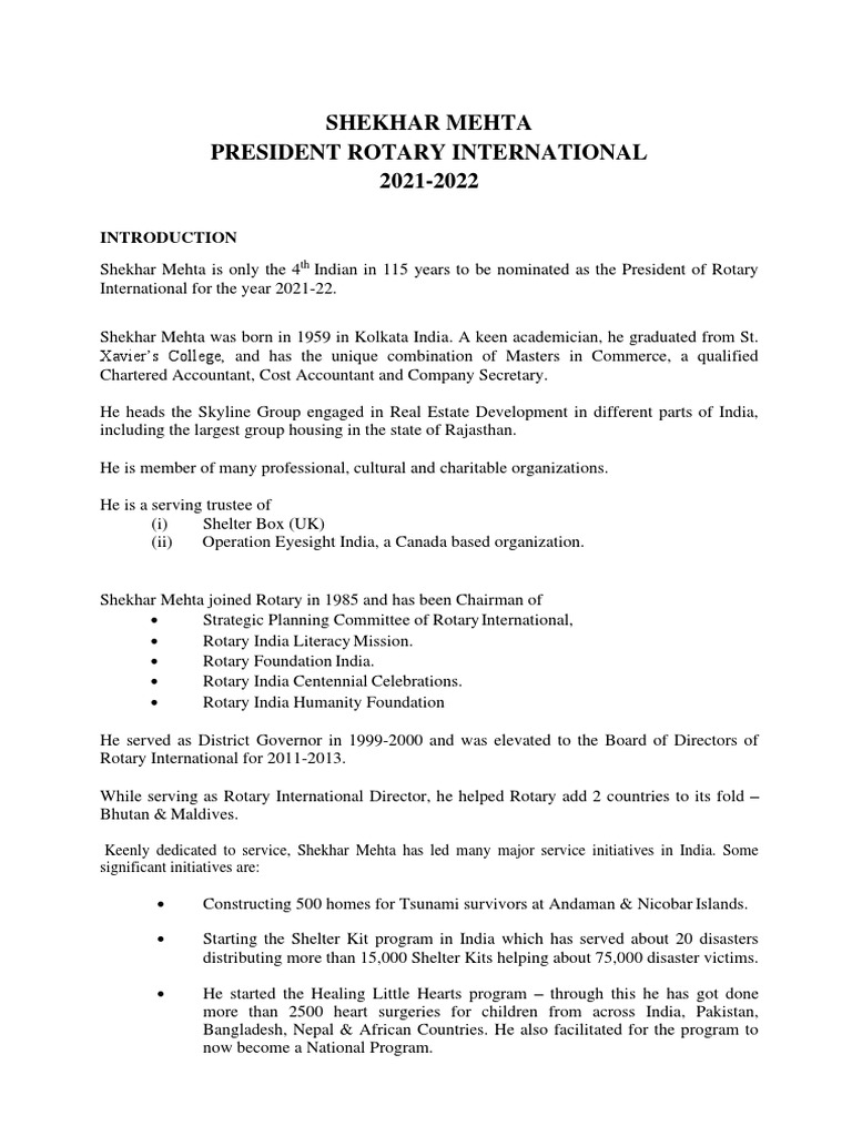 Profile Shekhar Mehta RotaryInternationalPresdient | PDF