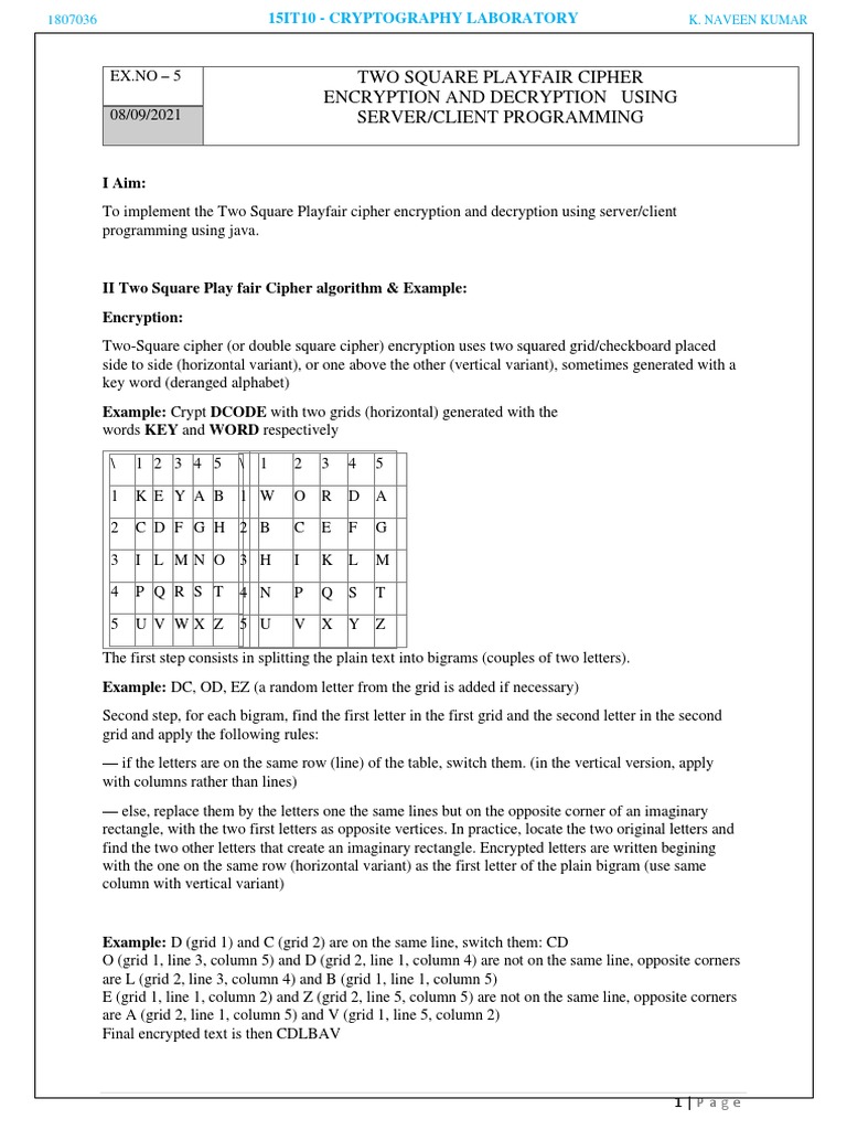 Two Square Playfair Cipher Encryption and Decryption Using Server/Client Programming | PDF ...