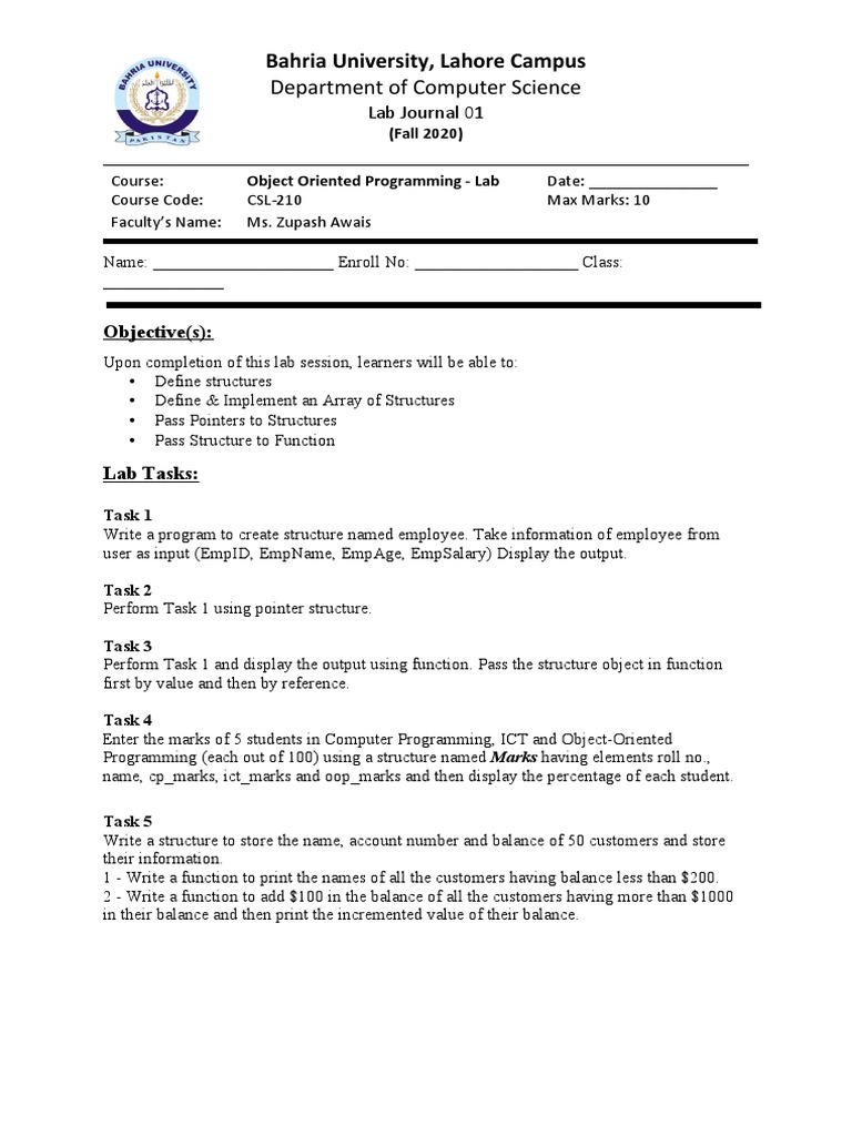 Lab Journal - 01 OOP 30092020 070800am | PDF | Career & Growth ...