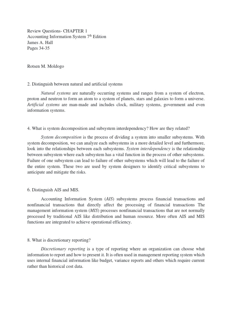 Chapter 1 Review Questions Accounting Information System Pdf
