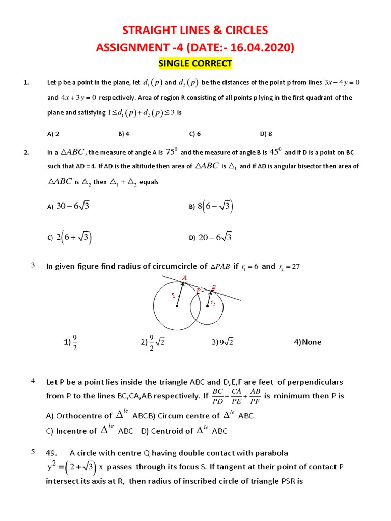 Straight Lines & Circles ASSIGNMENT - 4 (DATE:-16.04.2020) : Single ...