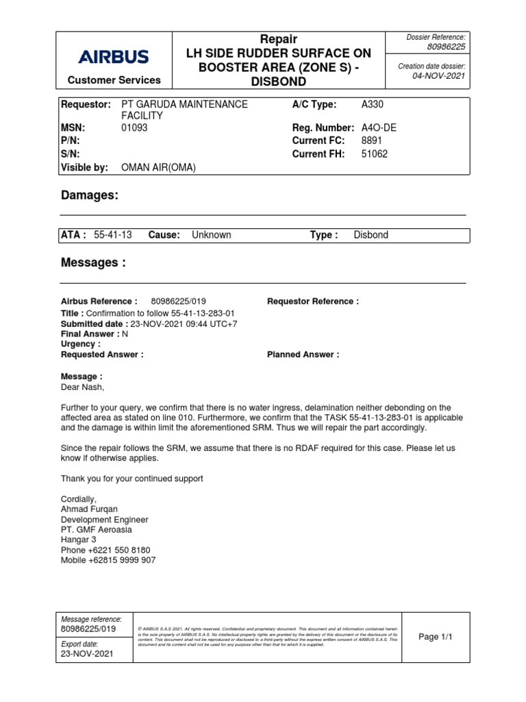 Repair LH Side Rudder Surface On Booster Area (Zone S) - Disbond | PDF
