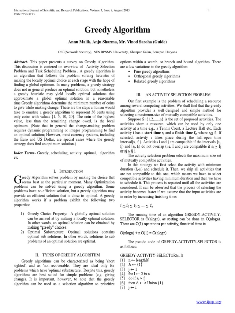 Greedy Algorithm: Annu Malik, Anju Sharma, Mr. Vinod Saroha (Guide) | PDF | Mathematical ...