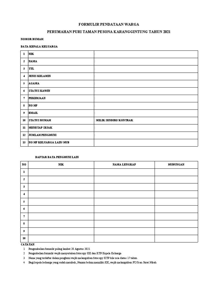 Formulir Pendataan Warga PTP 2021 | PDF