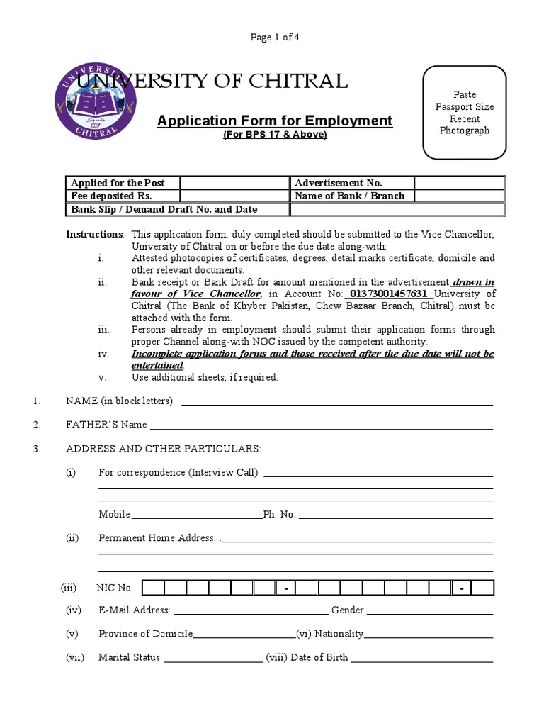 University of Chitral: Application Form For Employment | Download Free PDF | Banks