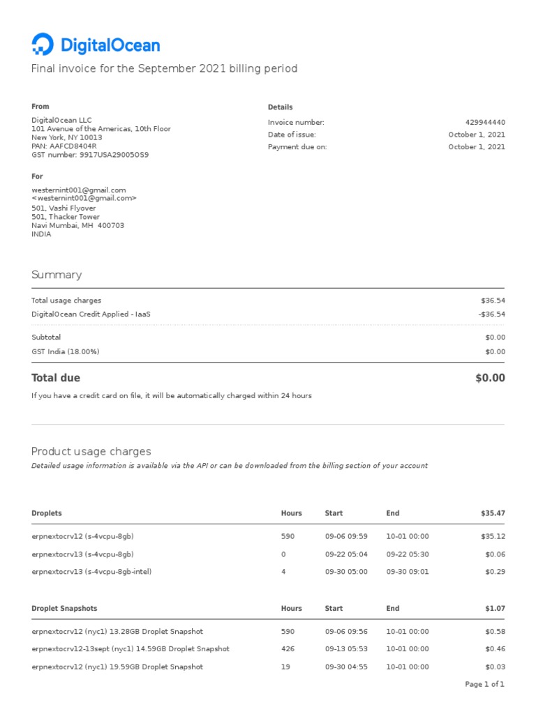 DigitalOcean Invoice 2021 Sep | PDF | Payments | Computing