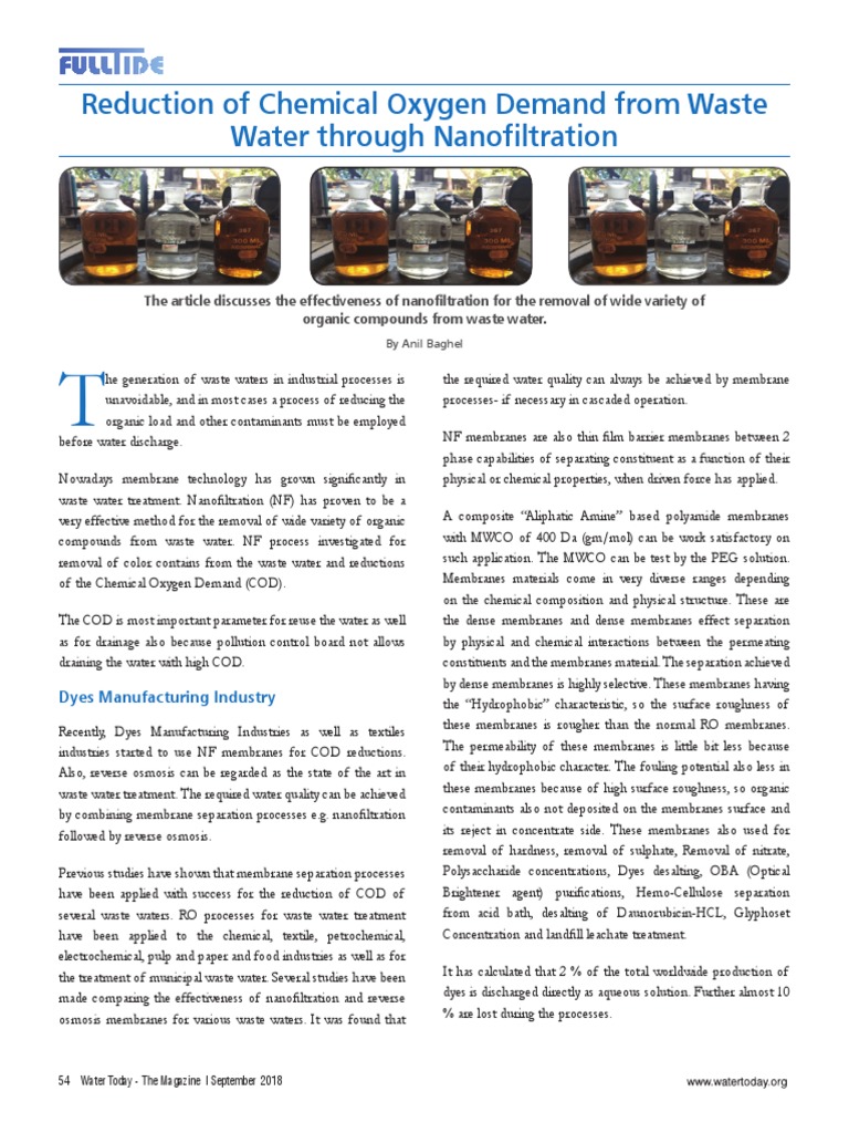 Nanofiltration for COD Reduction in Wastewater | PDF | Membrane ...