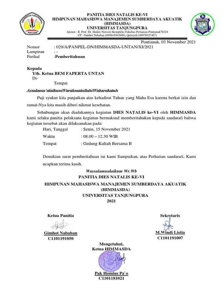Surat Pemberitahuan Bem Faperta Untan | PDF