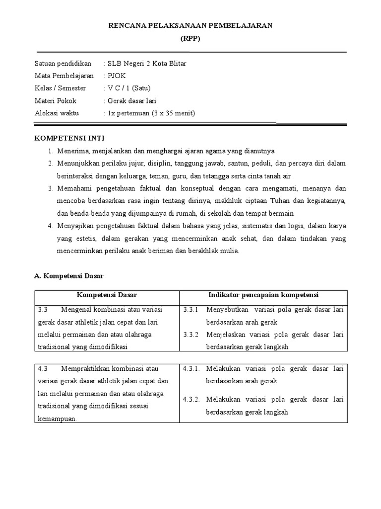 RPP PJOK Kelas V: Gerak Dasar Lari | PDF