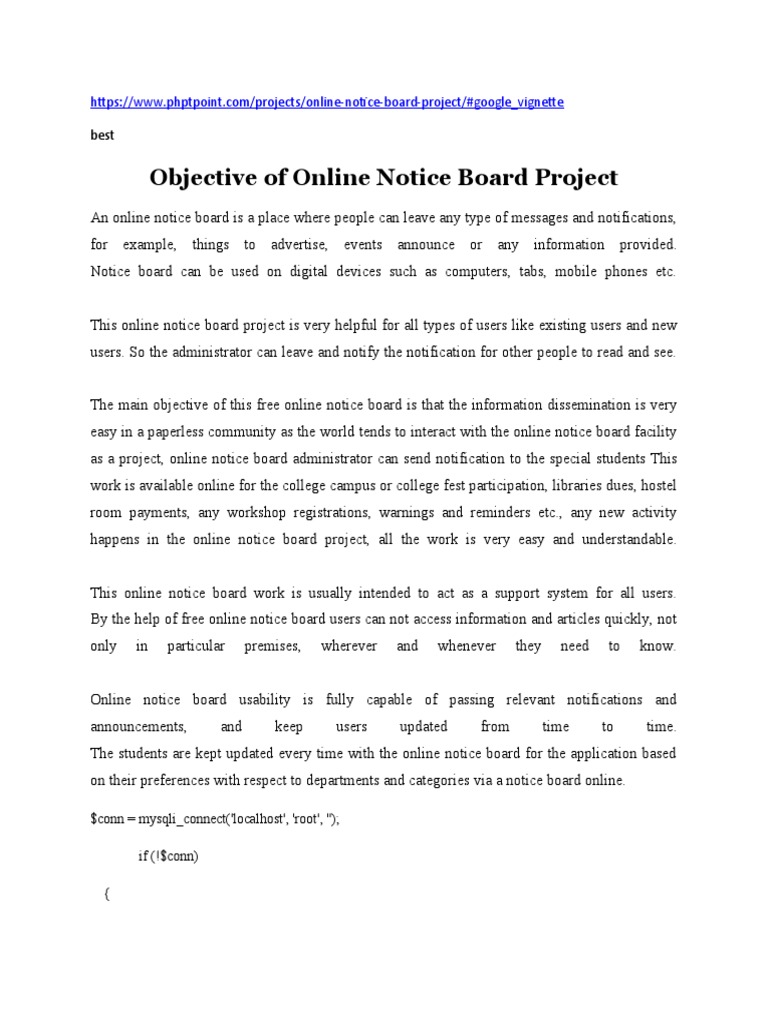 Objective of Online Notice Board Project | PDF