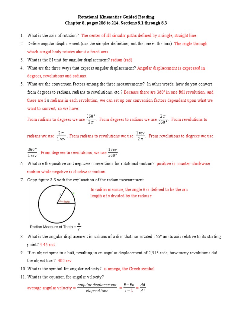 Rotational Kinematics Guided Reading Key | PDF | Rotation Around A Fixed Axis | Angle