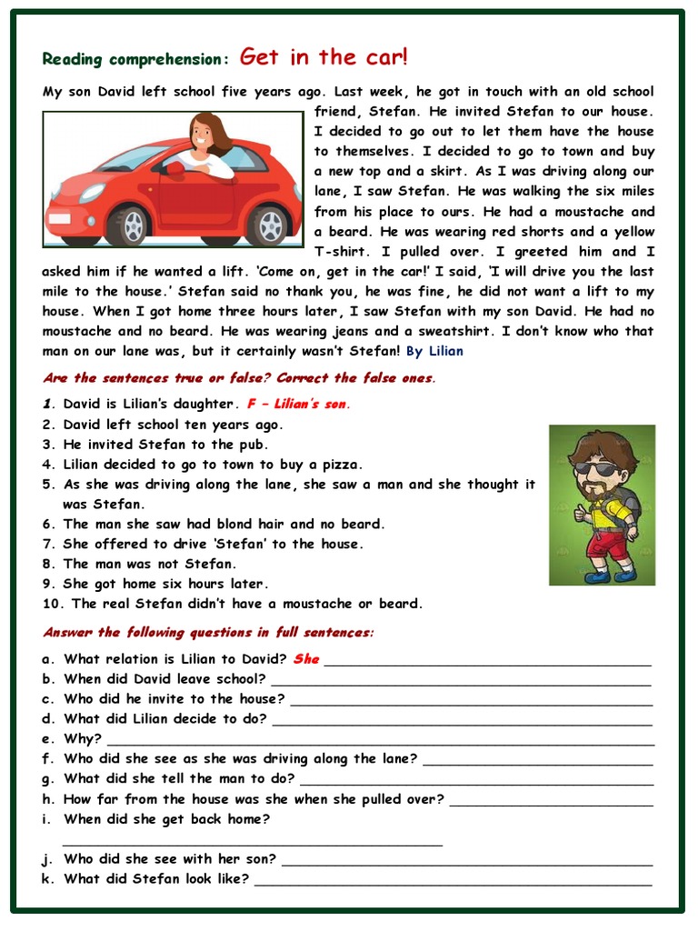 Get in The Car!: Reading Comprehension | PDF