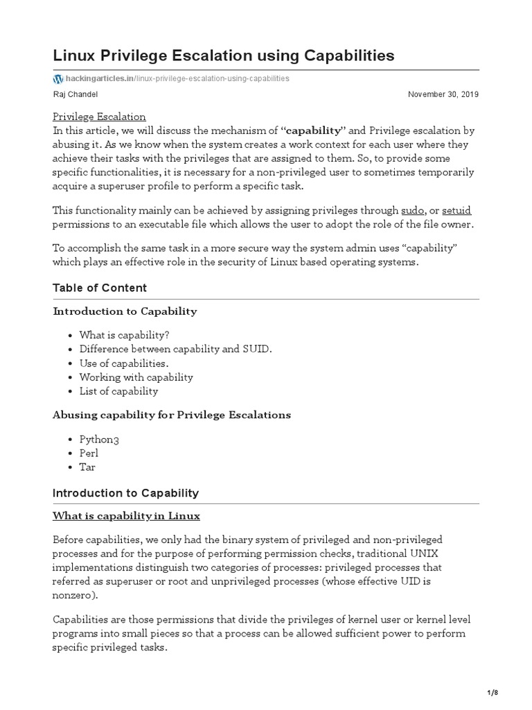 Linux Privilege Escalation Using Capabilities: Table of Content | PDF | Superuser | Security