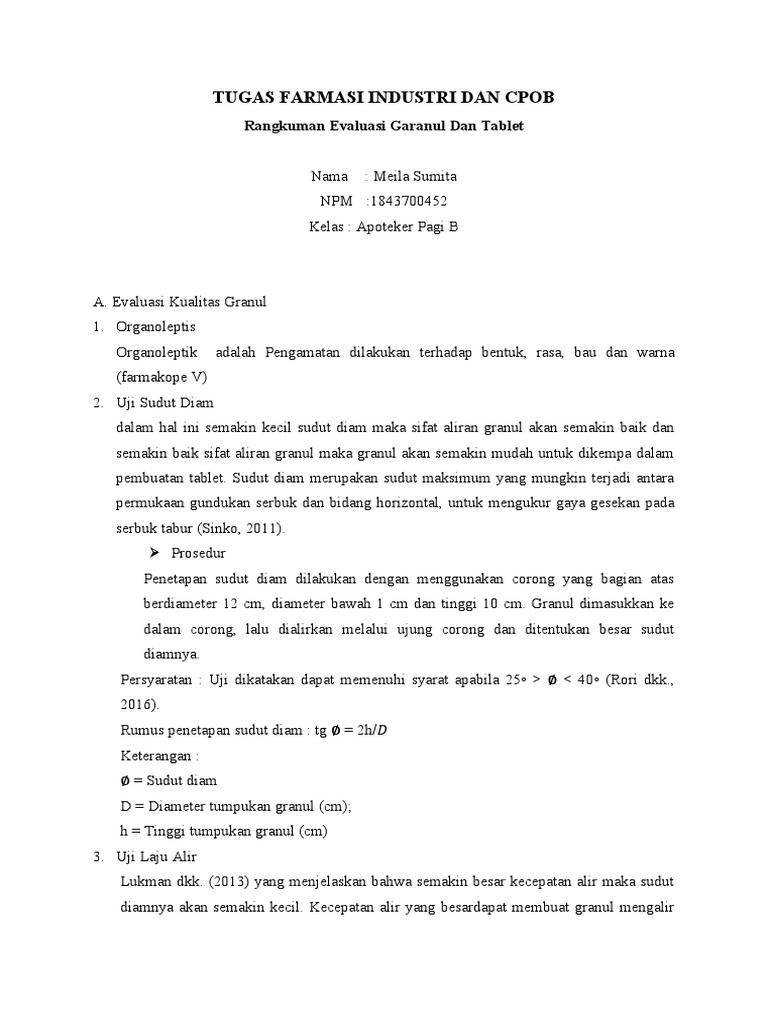 Evaluasi Kualitas Granul dan Tablet | PDF