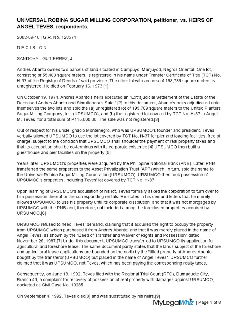 33 Universal Robina Sugar Milling Vs Heirs of Angel Teves | PDF | Legal ...