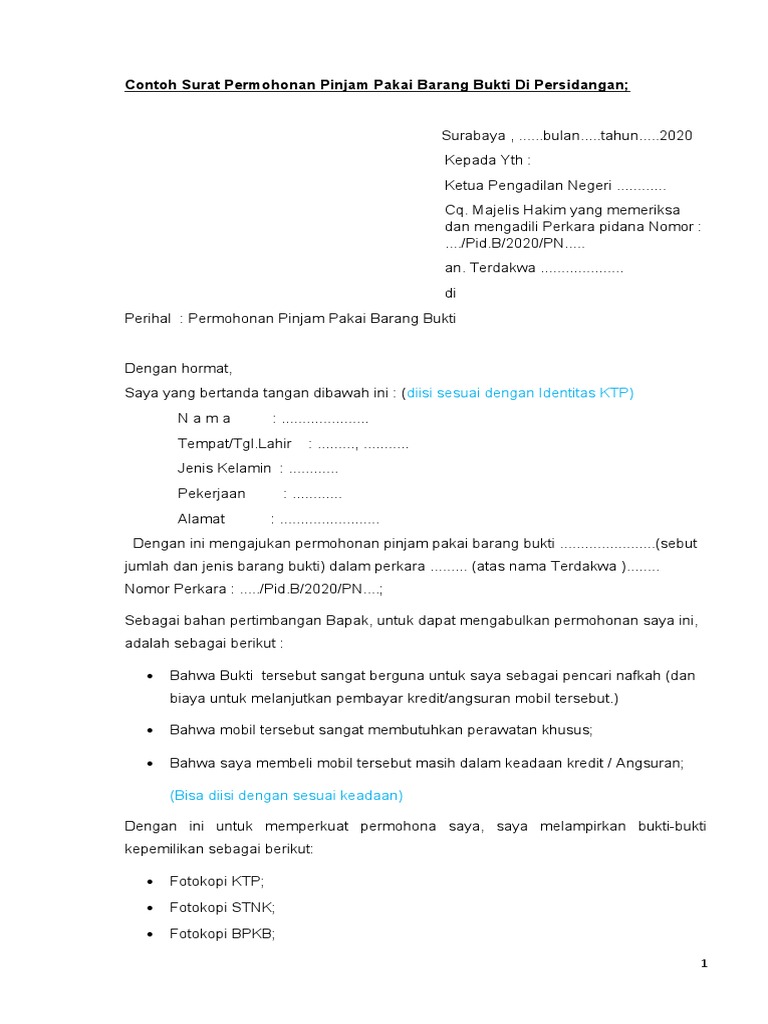 Salinan Contoh Surat Permohonan Pinjam Pakai Barang Bukti Di ...