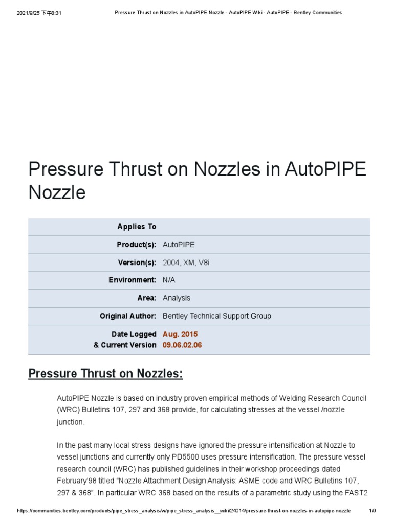 Analysis of Pressure Thrust Loads on Nozzles in Piping Systems | PDF ...
