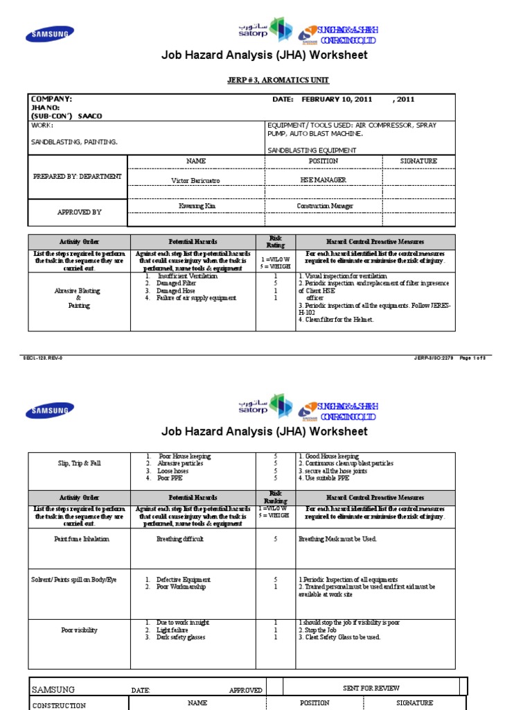Job Hazard Analysis (JHA) Worksheet: Sungchang & Al-Shaikh Contracting ...