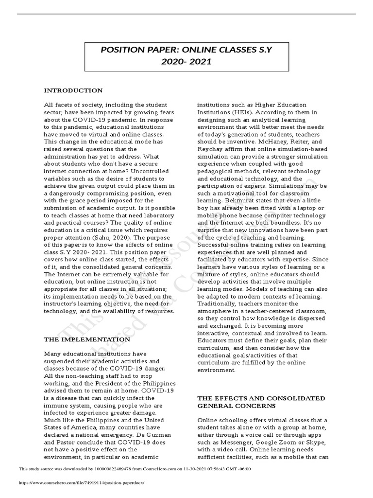 This Study Resource Was: Position Paper: Online Classes S.Y 2020-2021 ...